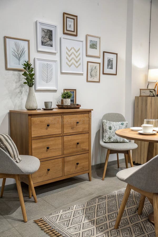 Room Interior with Commode, Frames, Chairs, and Table on White Wall ...