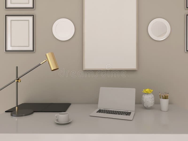 Room Interior, Desktop with Computer 3d Render, 3d Illustration ...