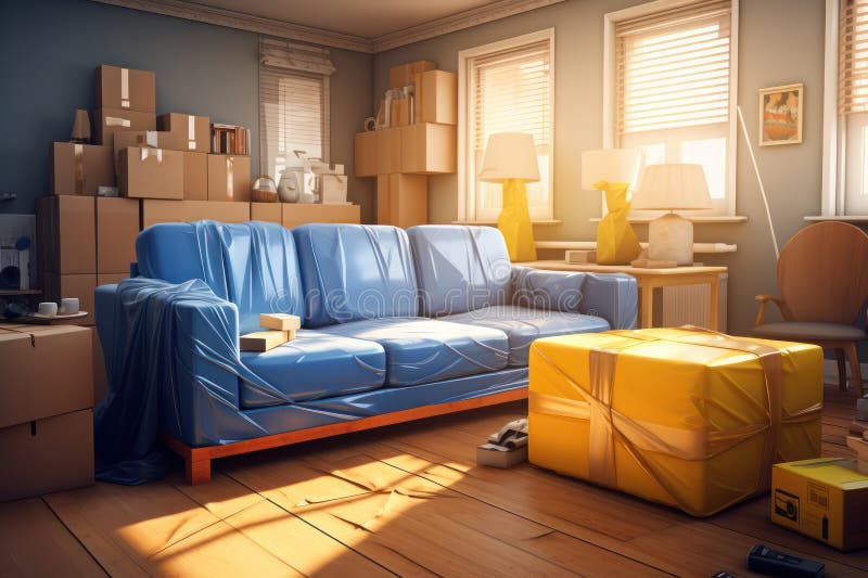 Room Interior Displaying Boxes and Furniture in Protective Coverings ...