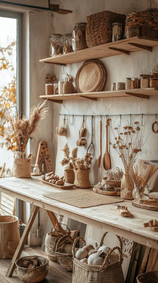 Room Interior Featuring a Table and Shelves Filled with Various Woven ...