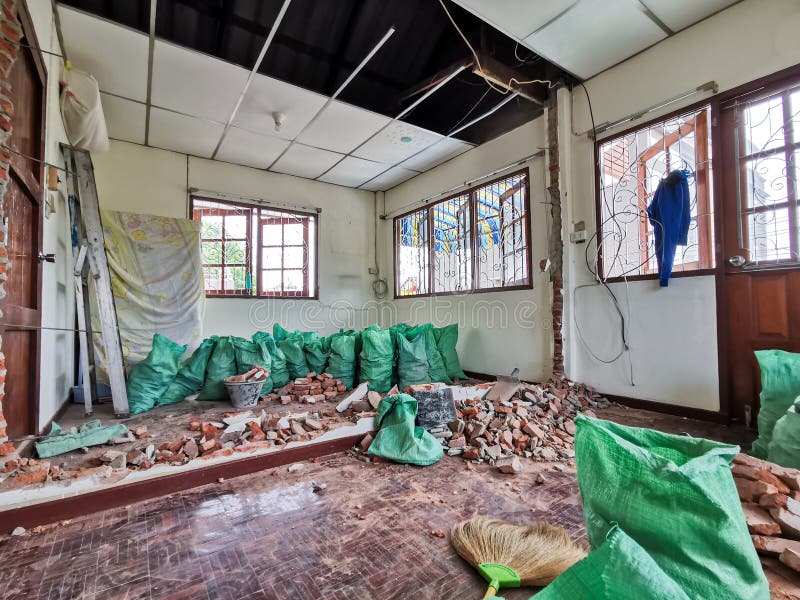 Room and Interior and Red Brick Destroyed in the Room Stock Photo ...