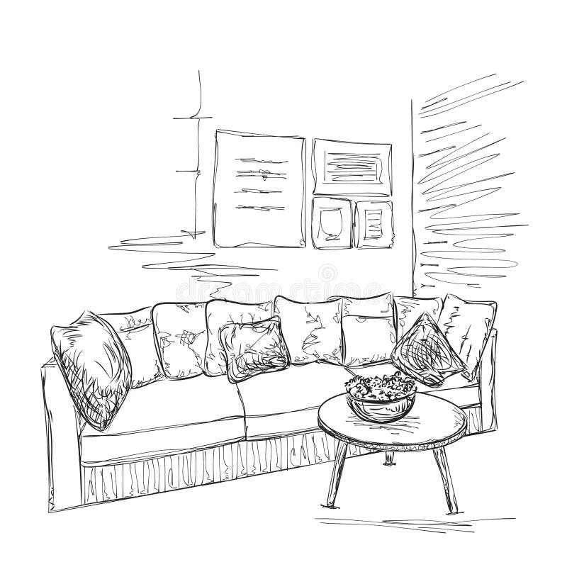 Room Interior Sketch. Hand Drawn Sofa Stock Vector - Illustration of ...