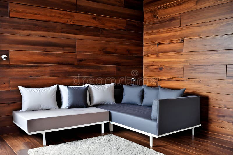 Room Interior with Sofa Unfolded into Bed Near Wooden Wall Stock Image ...