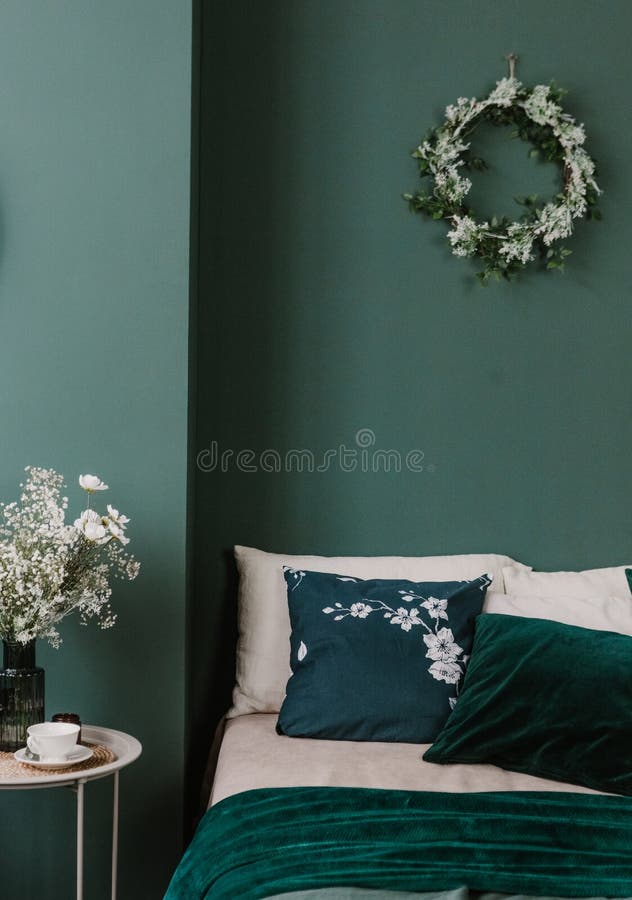 Room Interior Stylish Green Spring Decor Bedroom Stock Image - Image of ...