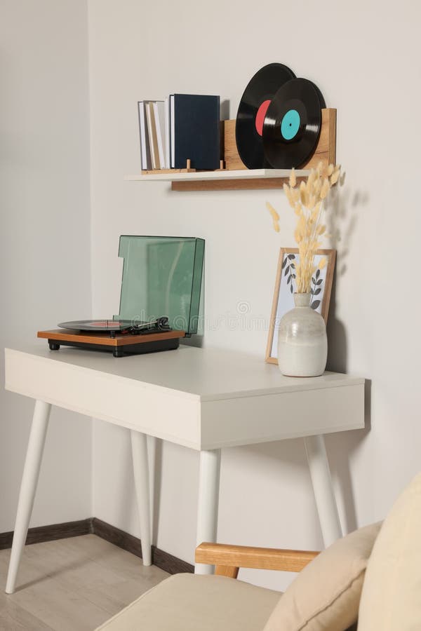 Room Interior with Stylish Turntable on White Table and Vinyl Records ...
