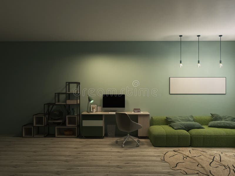 Room Interior, Table, Computer 3d Render, 3d Illustration Workplace ...
