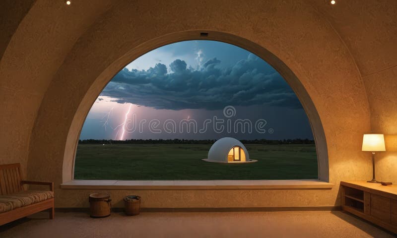 Room with Large Arched Window Offers View Stormy Sky, with Small Dome ...