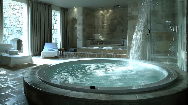 A Room with a Large Jacuzzi in the Center and a Waterfall As the ...
