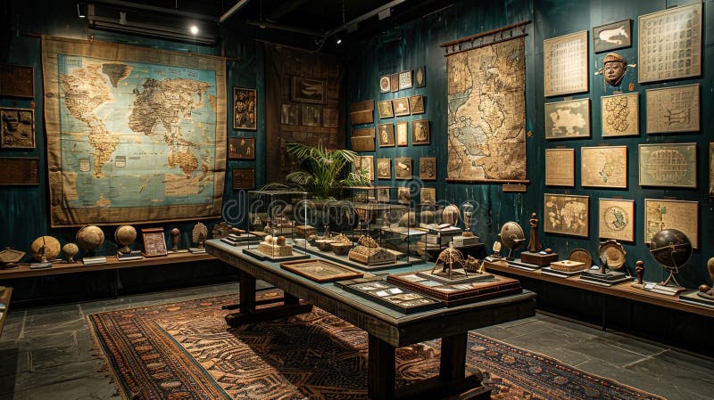 A Room with a Large Map on the Wall and a Table with Many Items on it ...