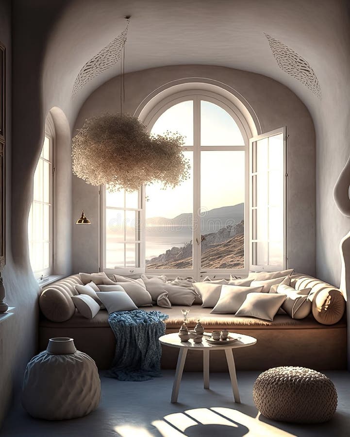 A Room with a Large Window that Has a View of the Sea. Stock ...