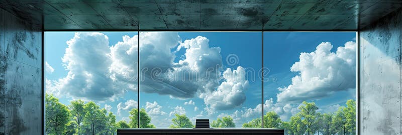 A Room with a Large Window with View of Cloudy Sky and Trees Stock ...