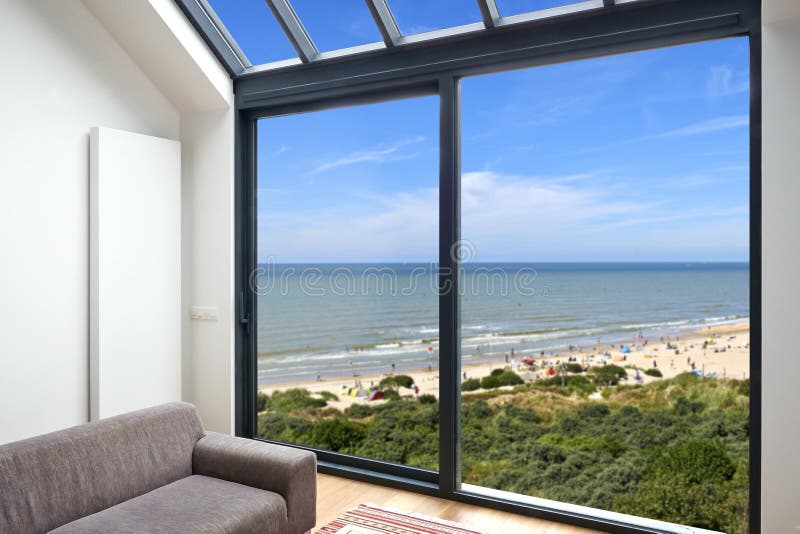 Room with Large Windows and View on Seaside Stock Image - Image of ...