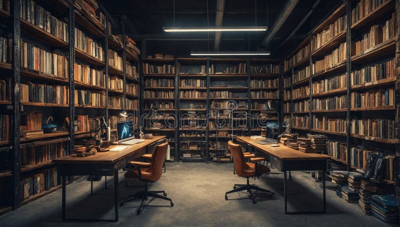 Work Space in a Library Room Full of Books with Two Desks with ...