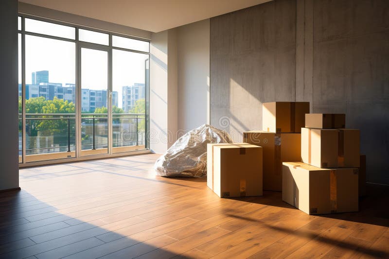 Room with Lot of Boxes and Window with View. Generative AI Stock Photo ...