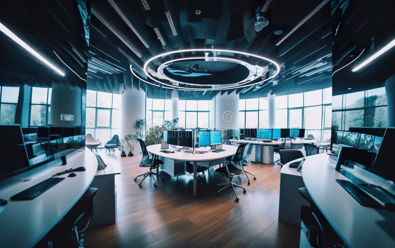 A Room with a Lot of Desks and Computers. AI Generative Image. Stock ...