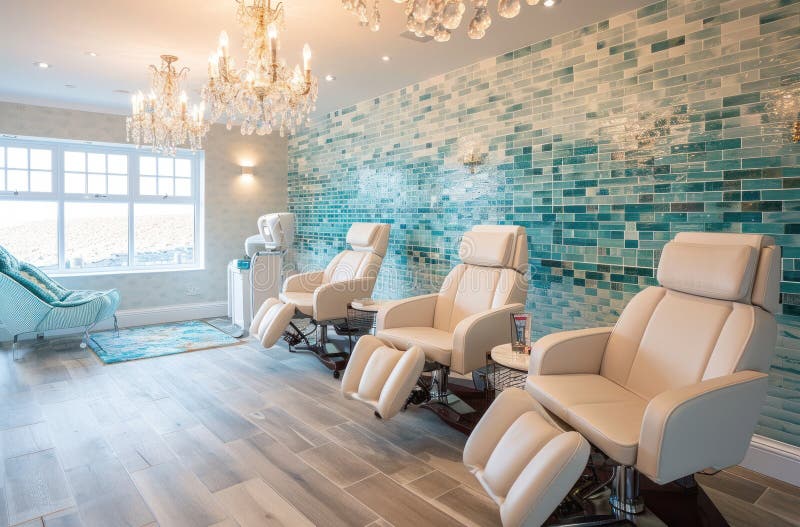 A Room with Manicure Chairs, Chandelier and a Glass Tile Wall Stock ...