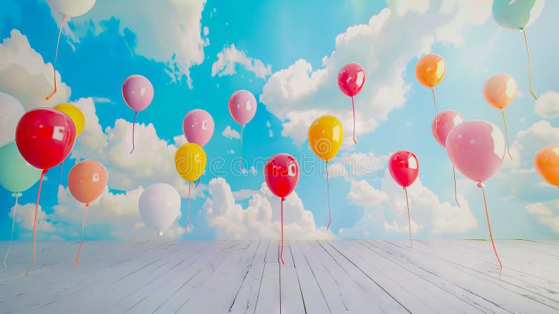 A Room with Many Colorful Balloons Floating in the Sky Stock Photo ...