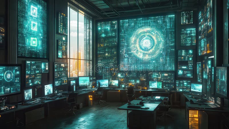 A Room with Many Computer Monitors and a Large Screen Stock Image ...