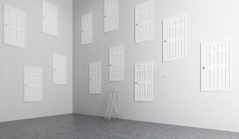 Room with many doors stock illustration. Illustration of chance - 65482196