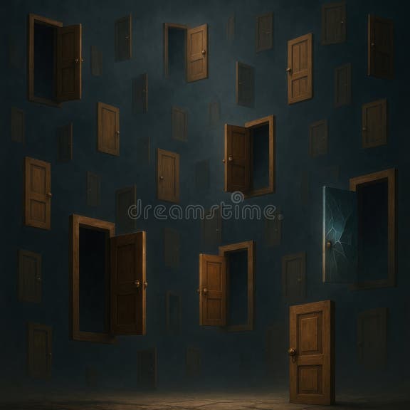A Room with Many Doors, One of Which is Broken. Stock Photo - Image of ...