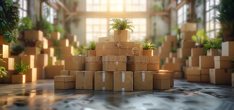 Room with Many Plants and Cardboard Boxes, Blending Nature with Urban ...