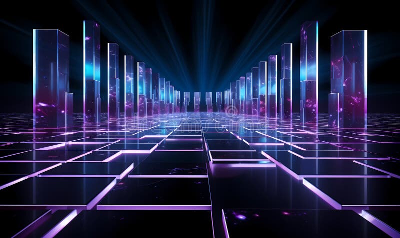 A Room with Many Rectangular Objects, Abstract Blue and Purple Neon ...