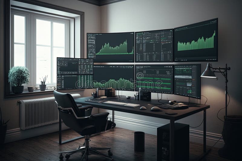 Dark Room with Many Screens As a Trading Setup with Charts on the ...
