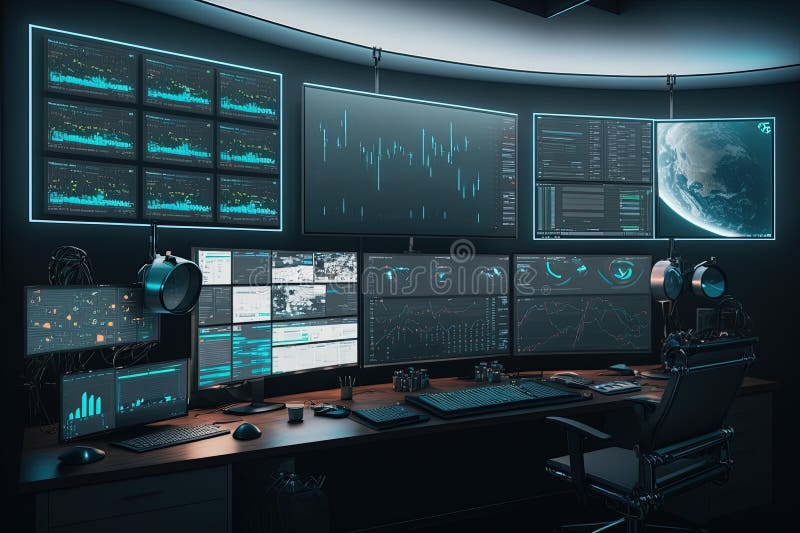 Dark Room with Many Screens As a Trading Setup with Charts on the ... Dark Room with Many Screens As a Trading Setup with Charts on the ...