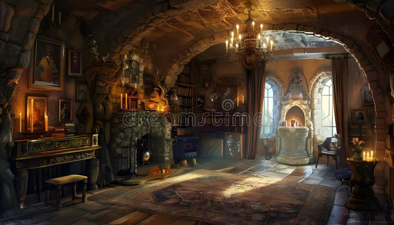 Room in a medieval fantasy stock illustration. Illustration of ...