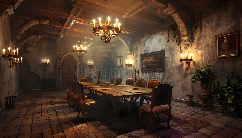 Room in a medieval fantasy stock illustration. Illustration of night ...
