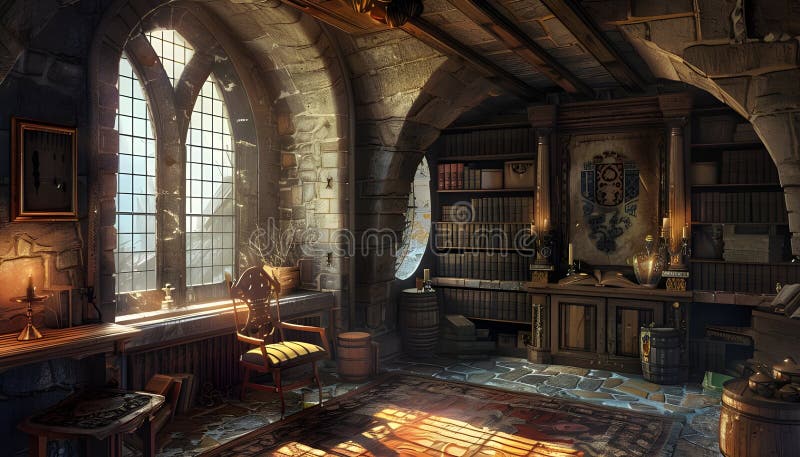 Room in a medieval fantasy stock illustration. Illustration of book ...