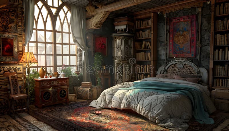 Room in a medieval fantasy stock illustration. Illustration of middle ...