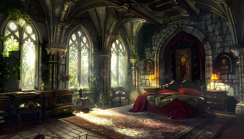 Room in a medieval fantasy stock illustration. Illustration of lantern ...