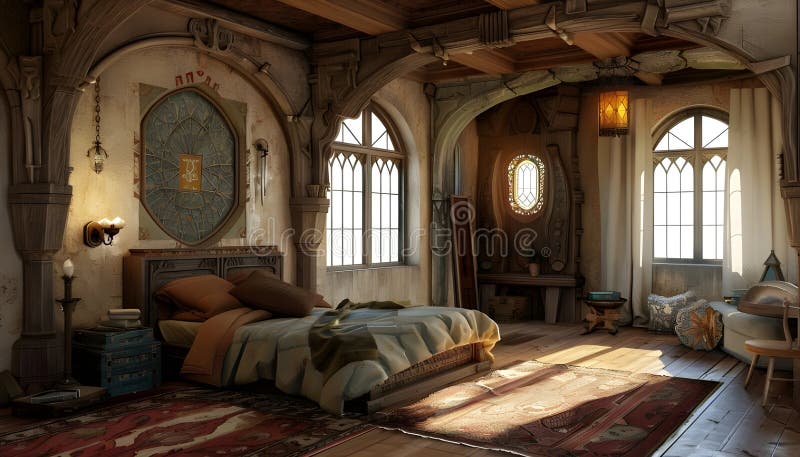 Room in a medieval fantasy stock illustration. Illustration of night ...