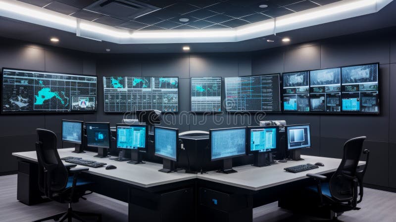 Room with Multiple Computer Monitors and Monitors on the Wall and on ...