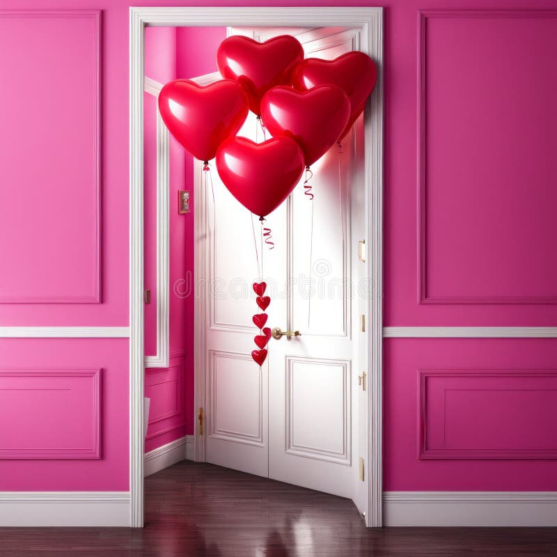 Room with an Open Door and Heart-shaped Balloons Entering Stock ...