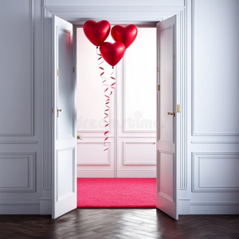 Room with an Open Door and Heart-shaped Balloons Entering Stock ...