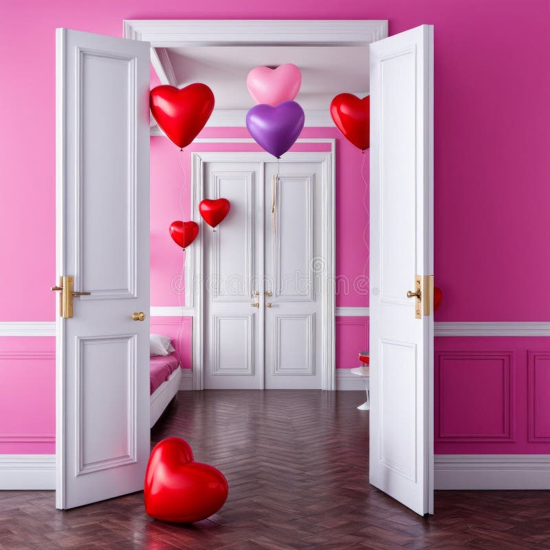 Room with an Open Door and Heart-shaped Balloons Entering Stock ...