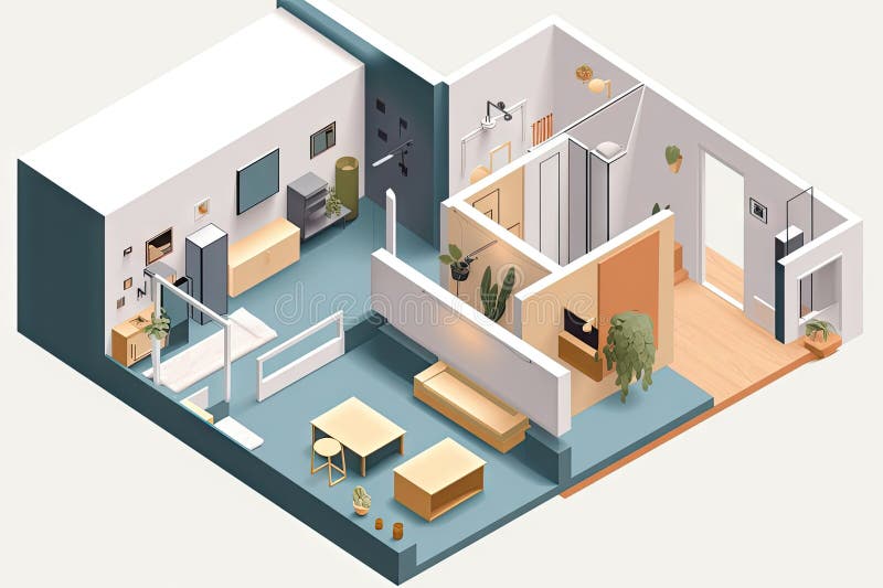 Room with Open Floor Plan, Featuring Isometric and Axonometric Layouts ...