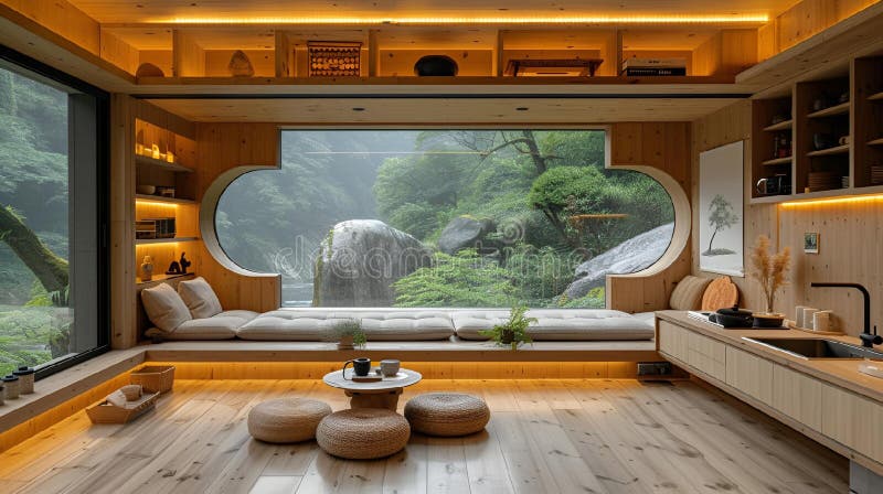A Room with an Oval Window Overlooking a Waterfall and Natural Decor ...