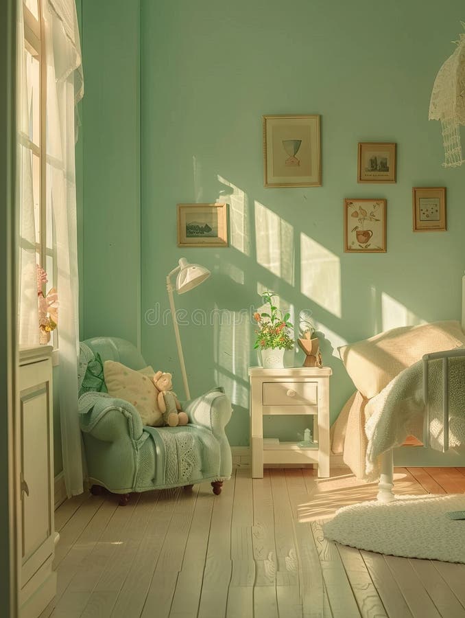 The Room is Painted Mint Green and Illuminated by Rays Stock Photo ...