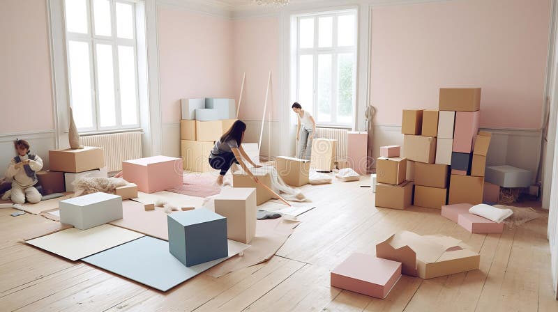People Sort Cardboard Boxes in a Spacious Room with Large Windows ...