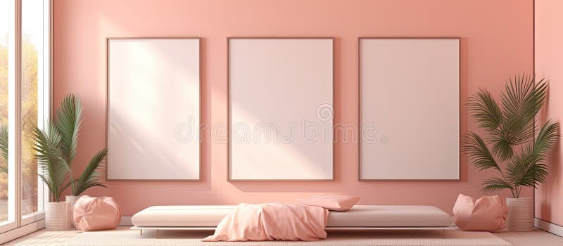 A Room with Peach Walls and Three White Rectangle Frames Stock Image ...