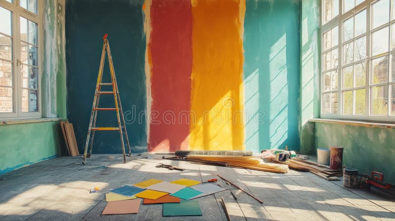 A Room in the Process of Renovation with Paint Swatches and Tools ...