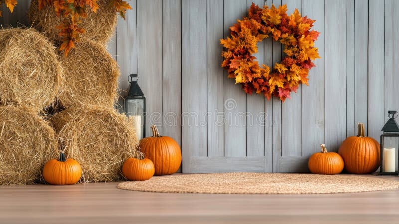 A Room with Pumpkins and Hay Bales in Front of a Wall, AI Stock Image ...