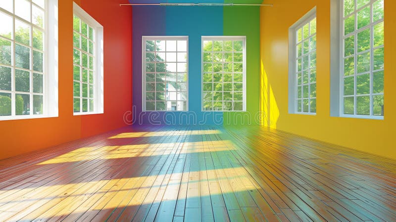 A Room with a Rainbow Floor and Three Windows in the Wall, AI Stock ...