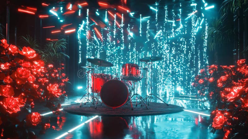 A Room with a Red and Blue Light Display and a Drum Set Stock Video ...