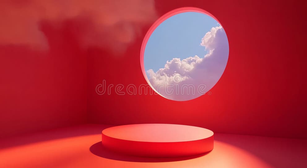 The Room is Red and Features a Circular Window, a Blue Sky, and an Oval ...