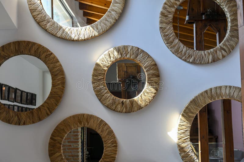 Room of Round Mirrors, Placed on the Wall. Stock Photo - Image of ...