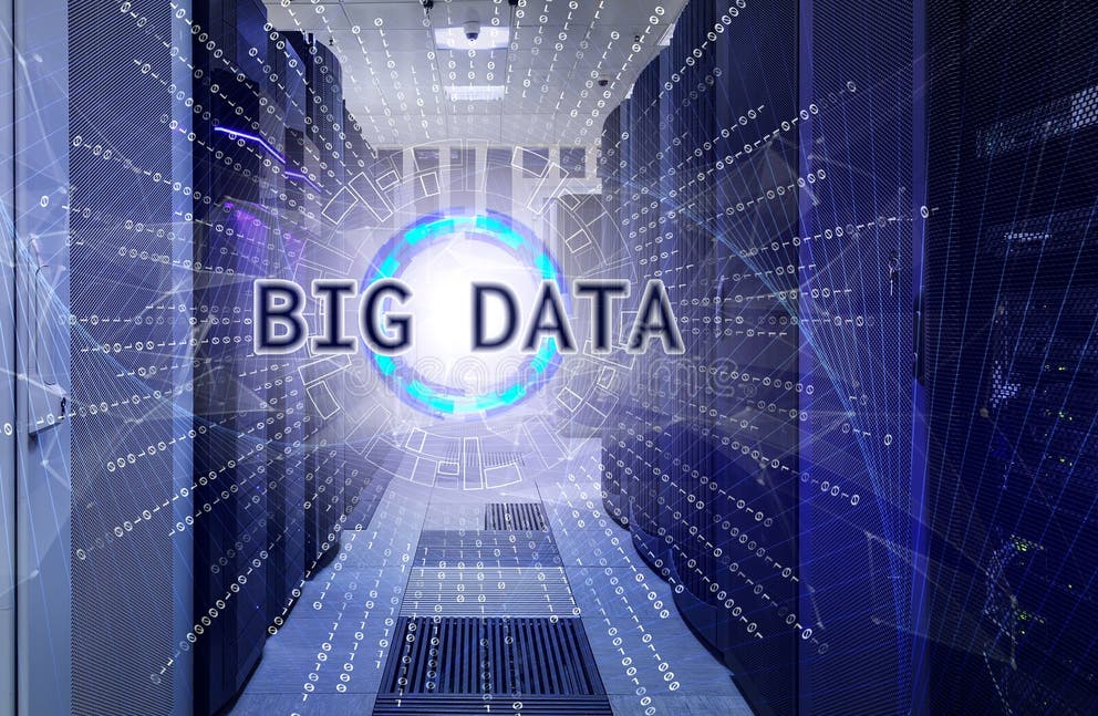 Room with Rows of Modern Supercomputers in Data Center Big Data Visualization. Fractal Element ...